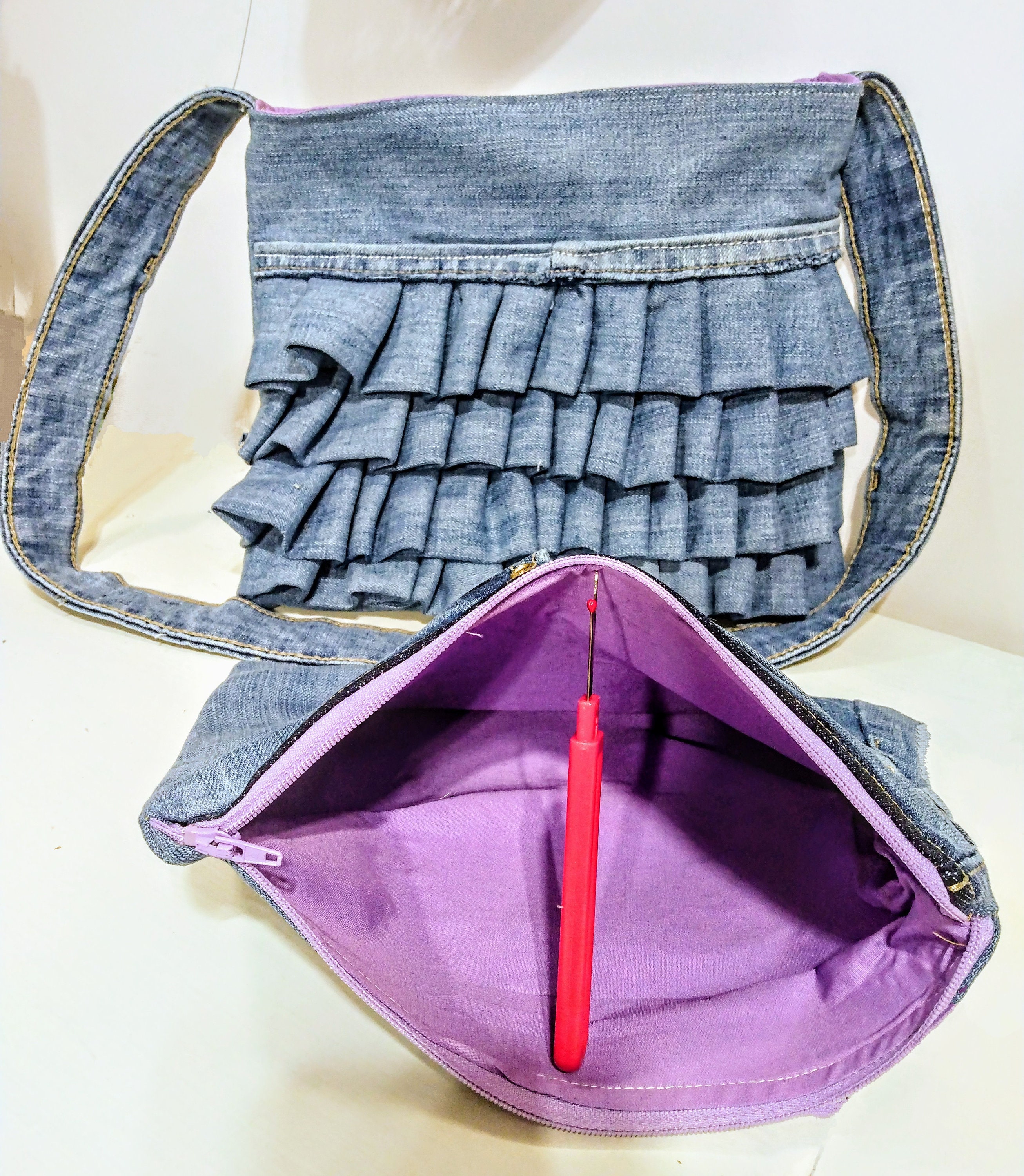 Ruffled Reworked Denim Jeans Shoulder Bag Zipper Pouch - Etsy