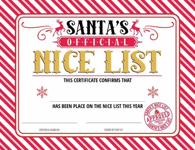 Santa's Nice List Certificate - Printable Holiday Keepsake - Etsy