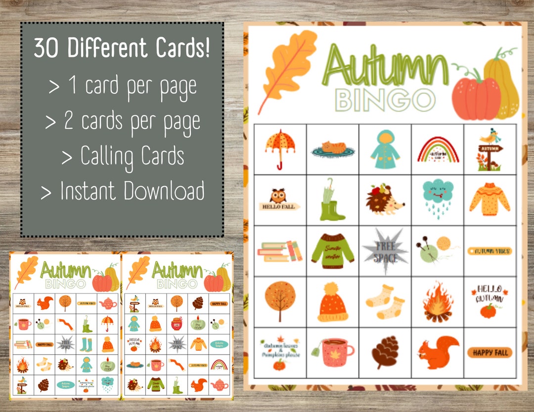 Printable Autumn Bingo Cards, Fall Leaves Bingo Game, Seasonal Bingo ...
