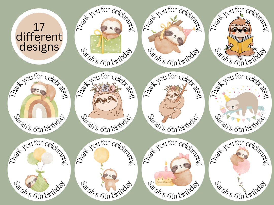 Custom Kids Sloth Birthday Party Favors, Personalized Birthday Stickers ...