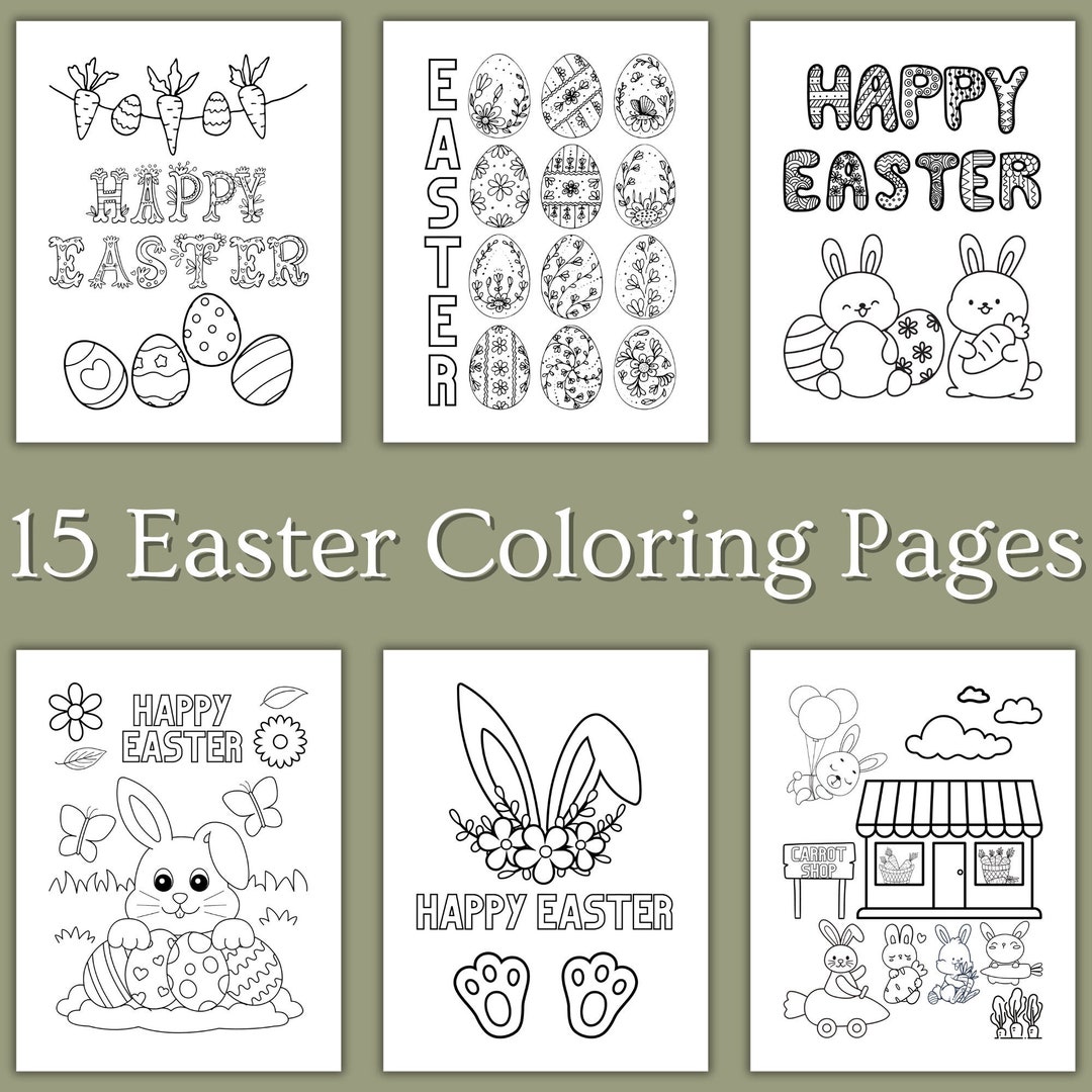 Happy Easter Printable Coloring Pages, for Kids, for Adults, Set of 15 ...