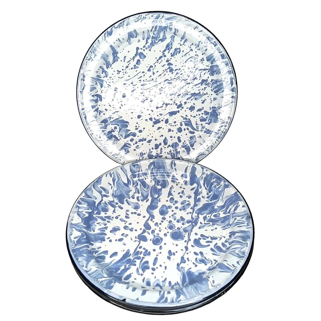 MCM Enamelware Spatterware Dinner Plate Set of 4 White & Blue Black ...