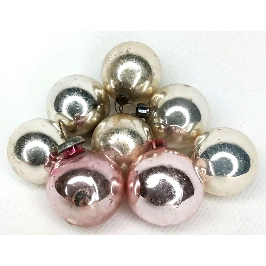 MCM Christmas Ornament Set of 8 Feather Tree Silver Pink Glass Shiny ...