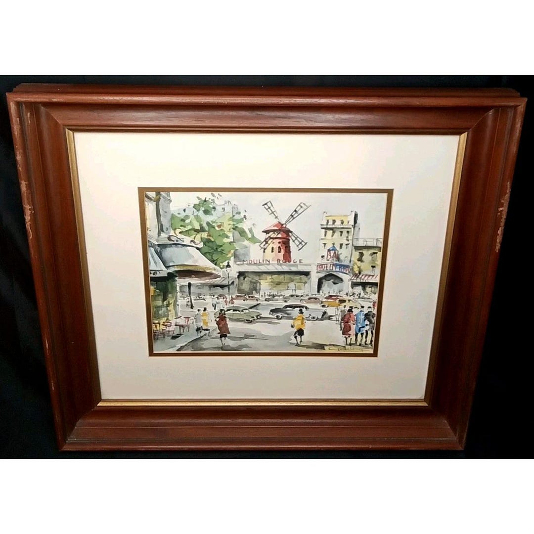 Mid Century Modern Framed Watercolor Print Paris Le Moulin Rouge G ...