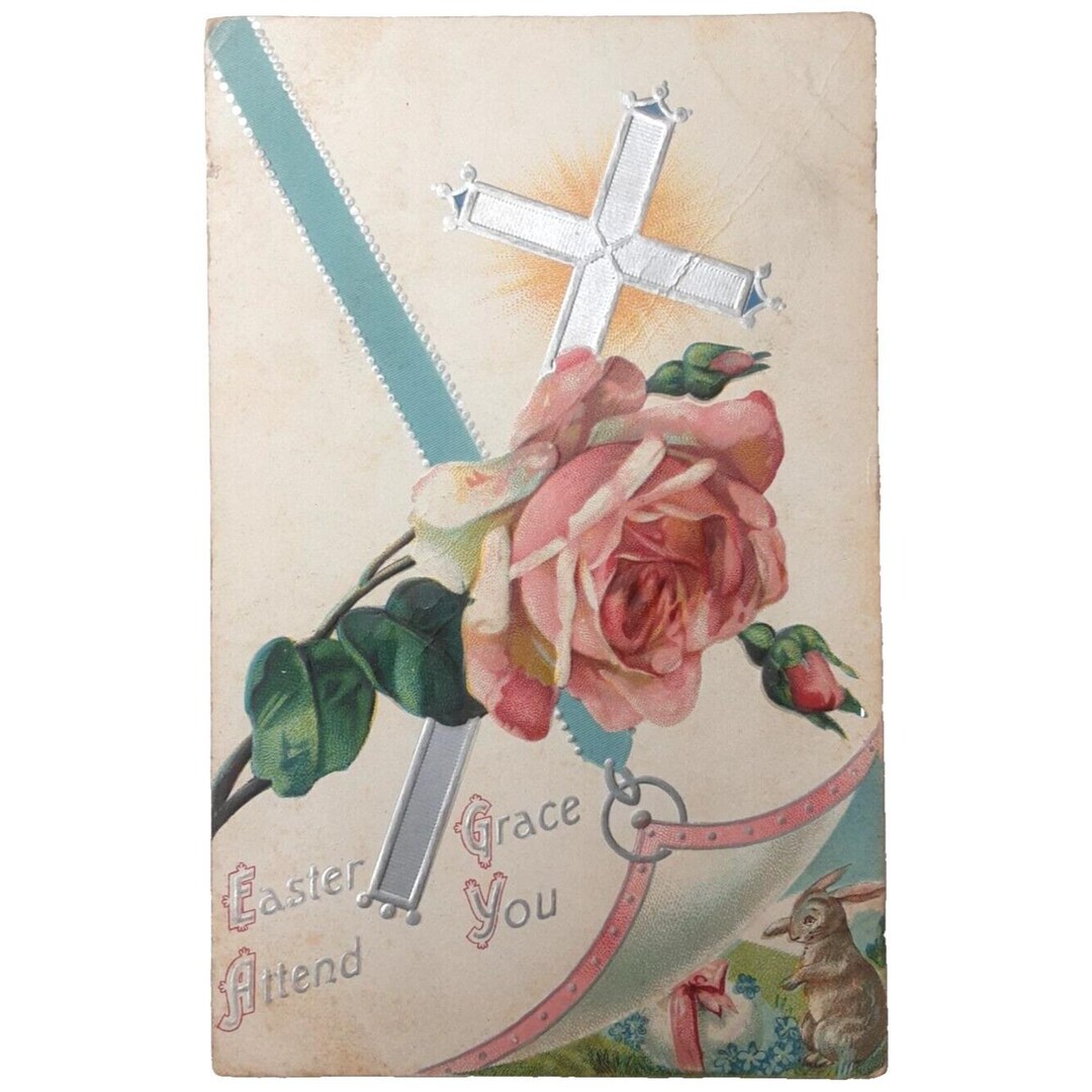 Antique Easter Post Card HSV Lithograph Silver Cross Pink Rose Unposted ...