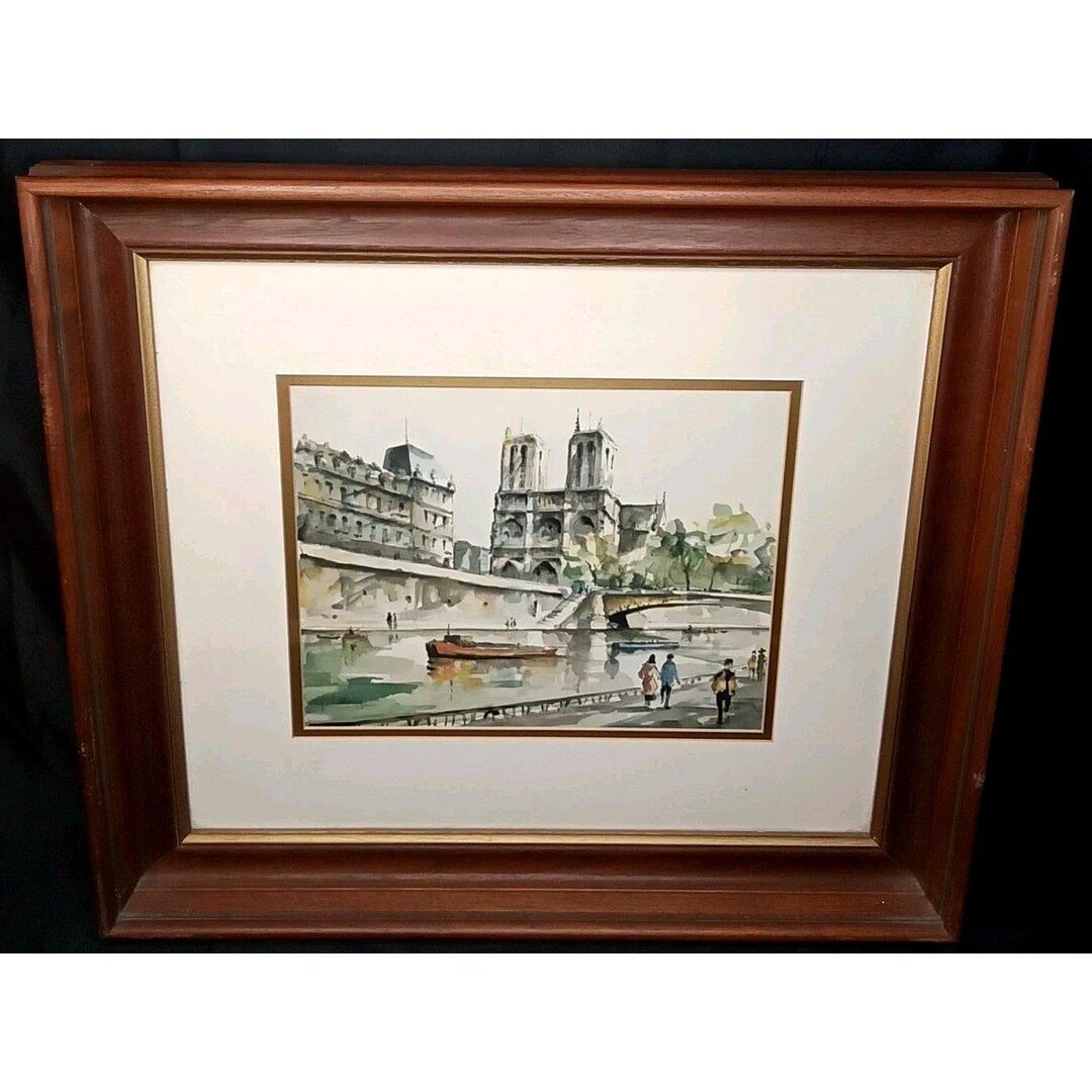 Mid Century Modern Framed Watercolor Print Paris Notre Dame G Lelong ...