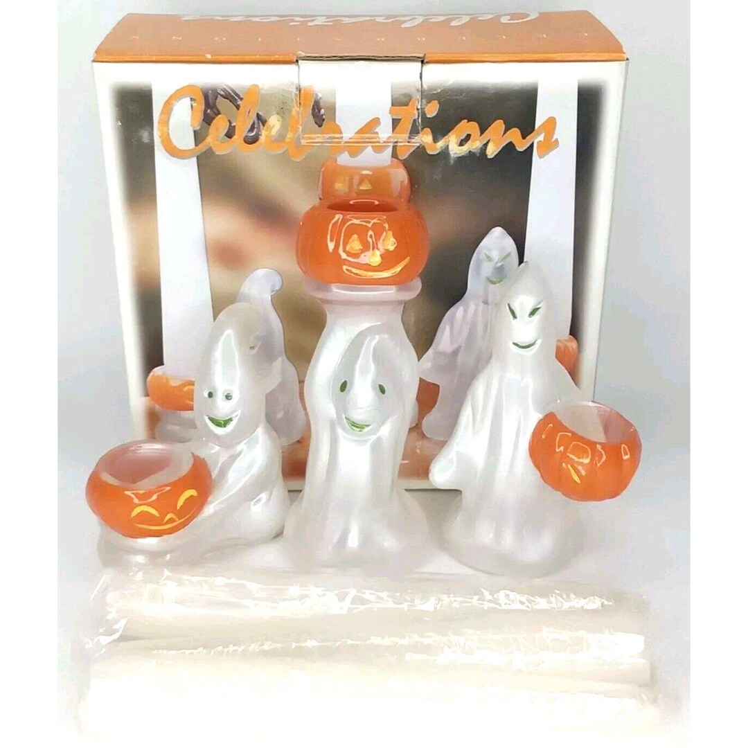 Halloween Ghost Candlestick Holder Set of 3 With Box Crystal Clear ...
