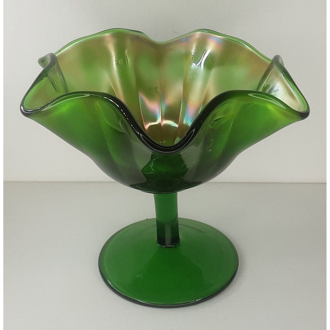 Fenton Glass Compote Smooth Rays Green Carnival Glass 1910s - Etsy