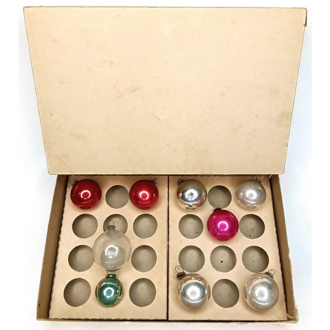 MCM Christmas Ornament Set of 9 With Box Feather Tree Silver Pink Glass ...