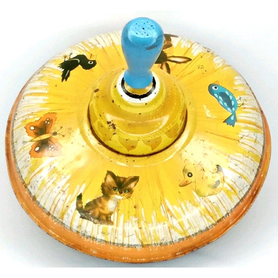 MCM Metal Lithography Ohio Art Spinning Top With Animals Made in USA ...