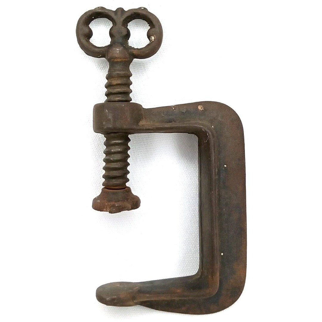 Antique Cast Iron C Clamp Victorian Era Tool Bat Wing Turn Key Handle ...