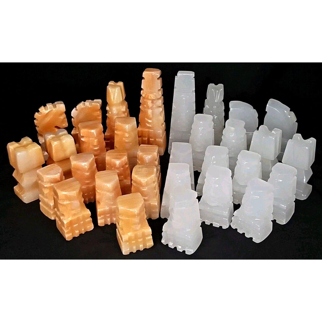 Vintage Hand Carved Mexican Aztec Stone Onyx Marble Chess Set 32 Pieces ...