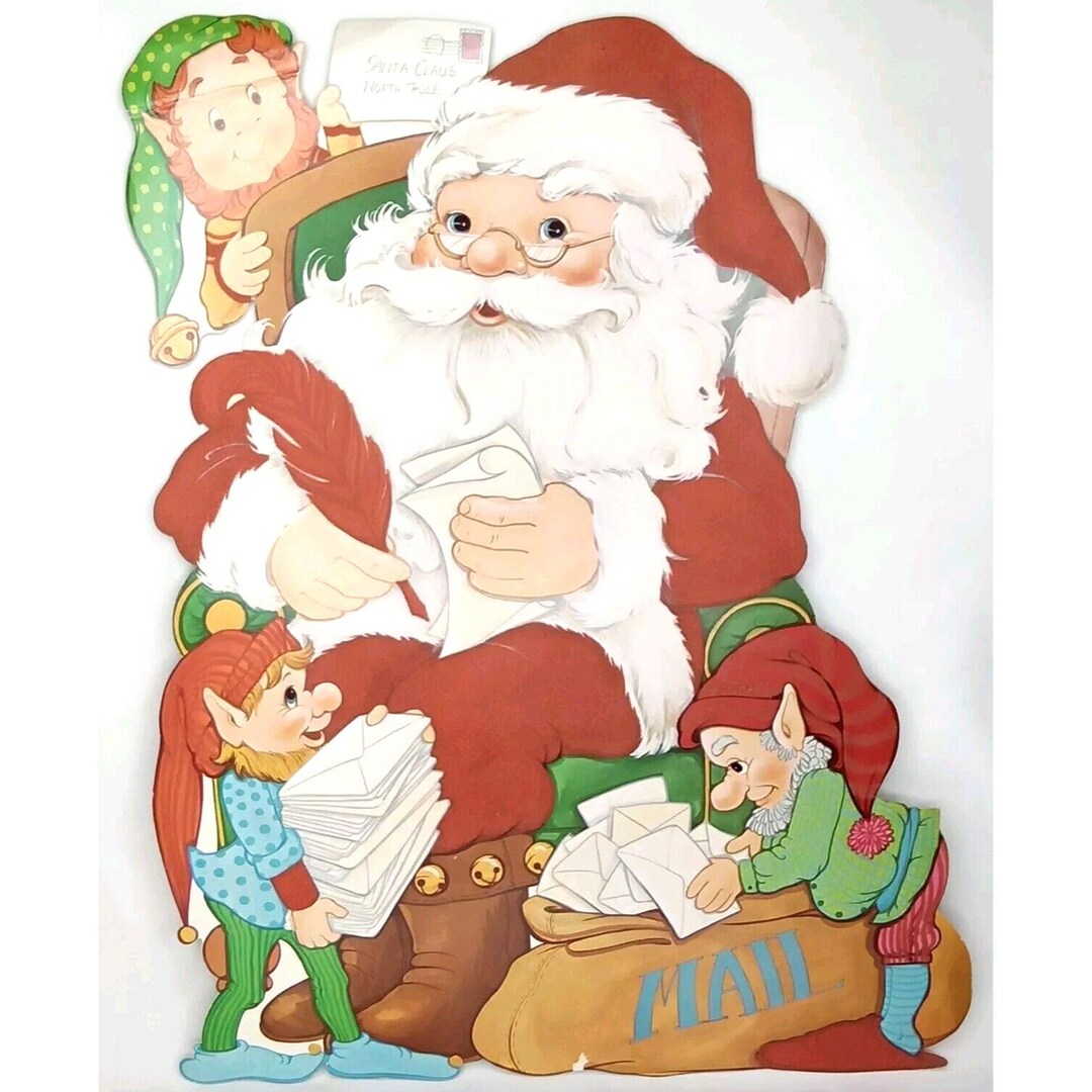 Christmas Santa Claus & Elves Card Stock Die-cut Velvet Flocked Peck ...