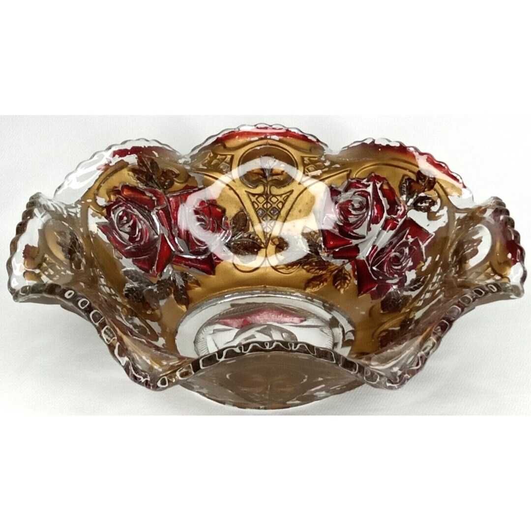 Lancaster Glass Rose Goofus Ruffled Bowl 9 1/4 Red & Gold Edwardian ...