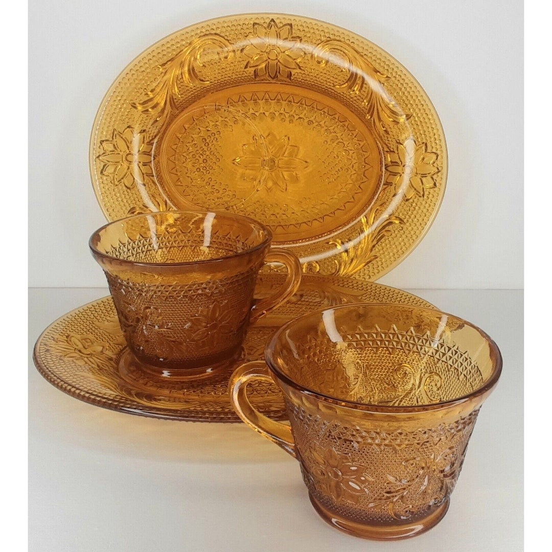 Tiara Glass Sandwich Amber Snack Plate and Footed Cup 4 Piece Set - Etsy