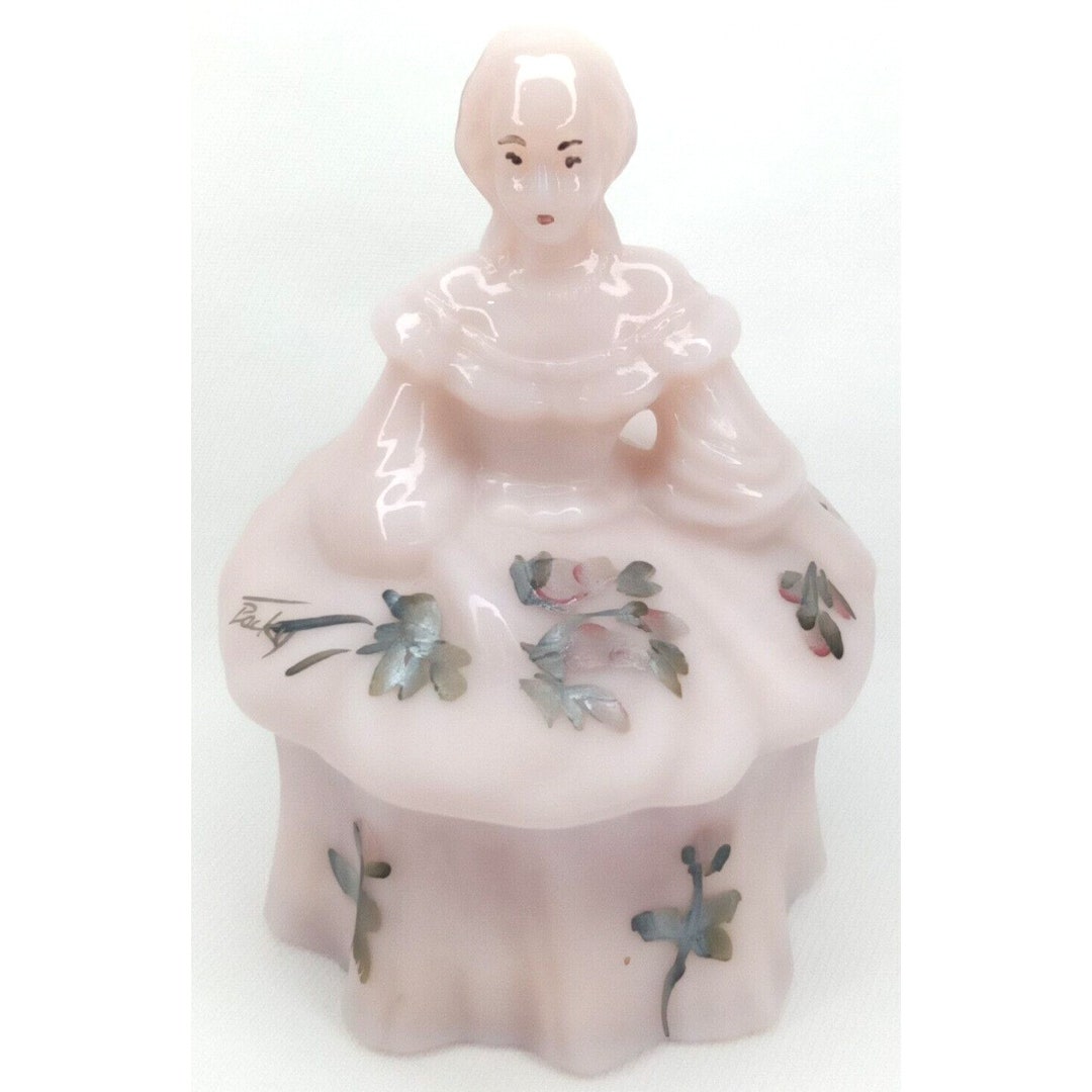 Mosser Glass Colonial Lady Powder Box Pink Satin Hand Painted Artist ...