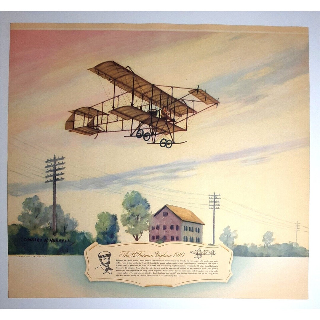 Charles Hubbell Aviation Art Thompson Products Lithograph H Farman ...