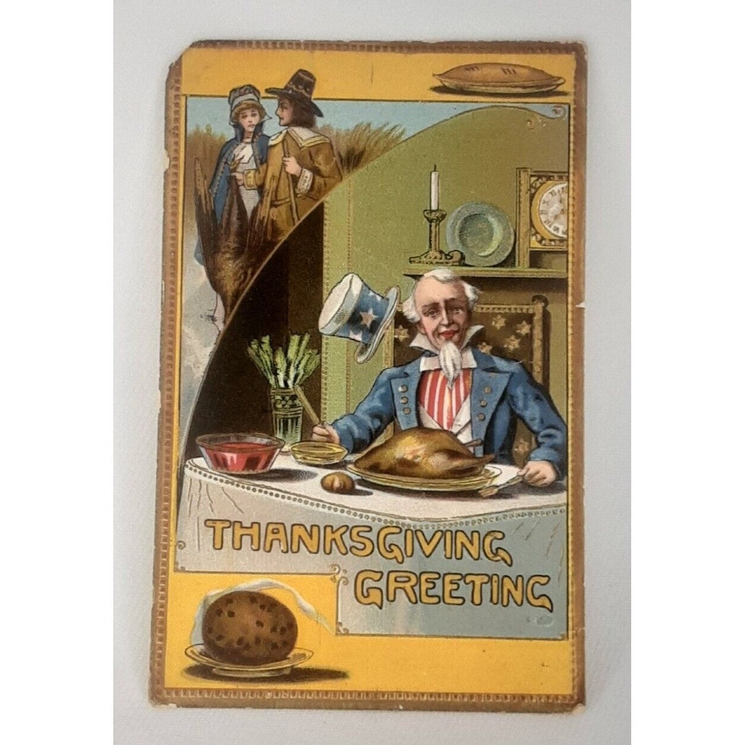 Thanksgiving Post Card Uncle Sam Turkey Feast Embossed Gold Trim ...
