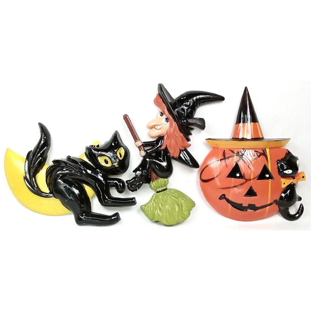 Vintage MCM Halloween Cake Toppers: Witch, Cat, Jack O' Lantern ...
