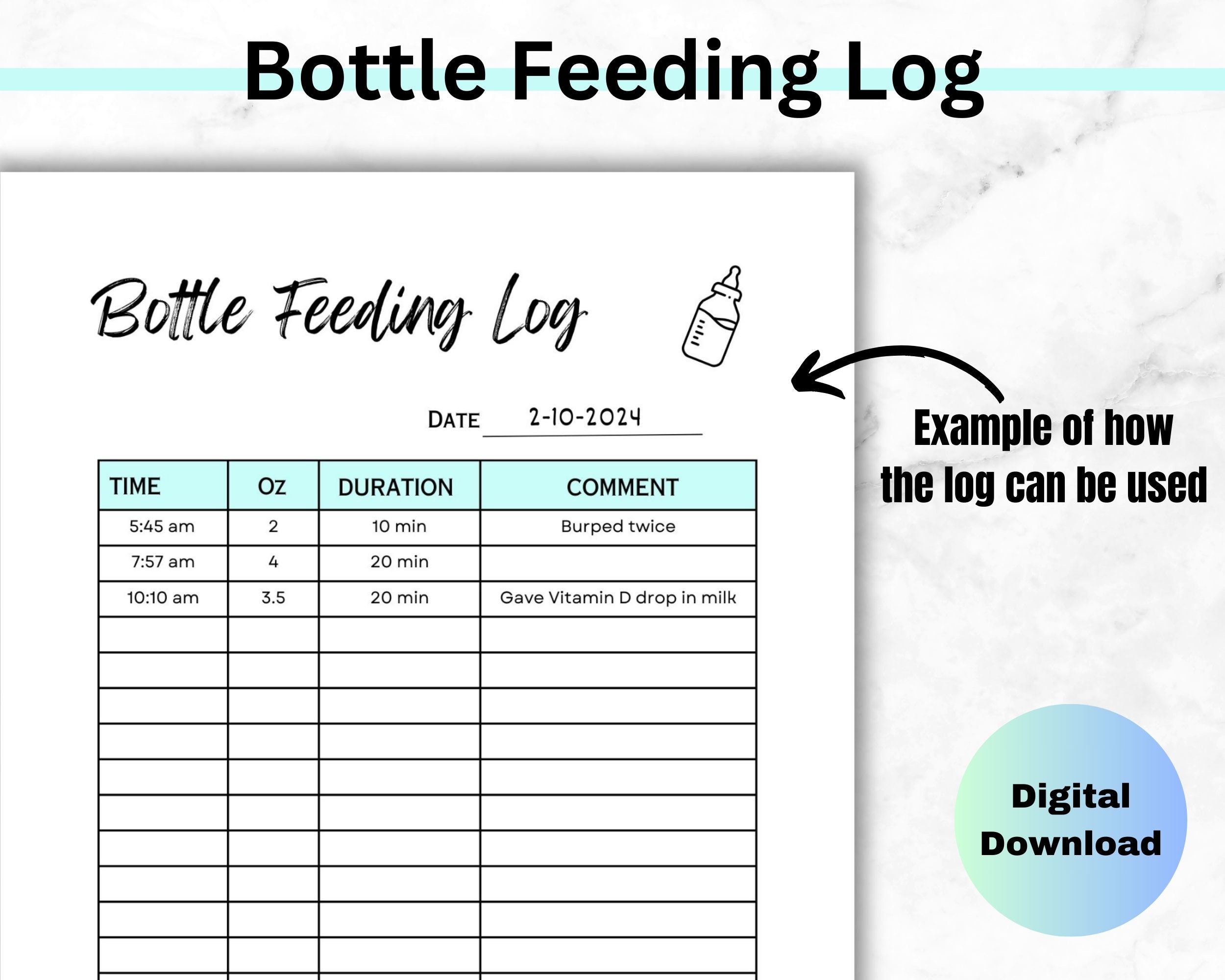 Baby Bottle Feeding Printable PDF Log, Little One Feeding Log, Digital ...