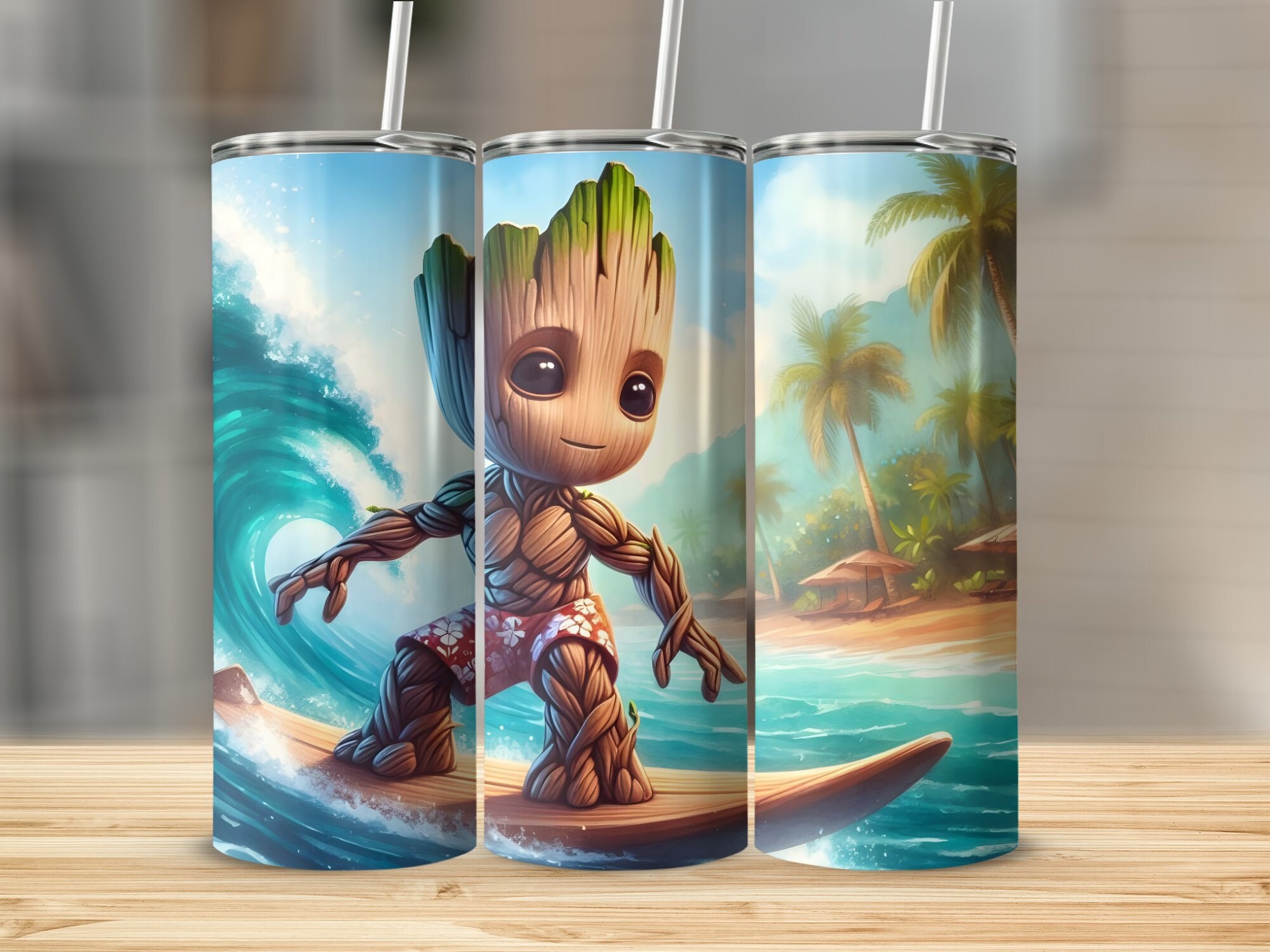 Surfing Baby Groot Tumbler Wrap, 20oz Skinny Sublimation Design, Beach ...