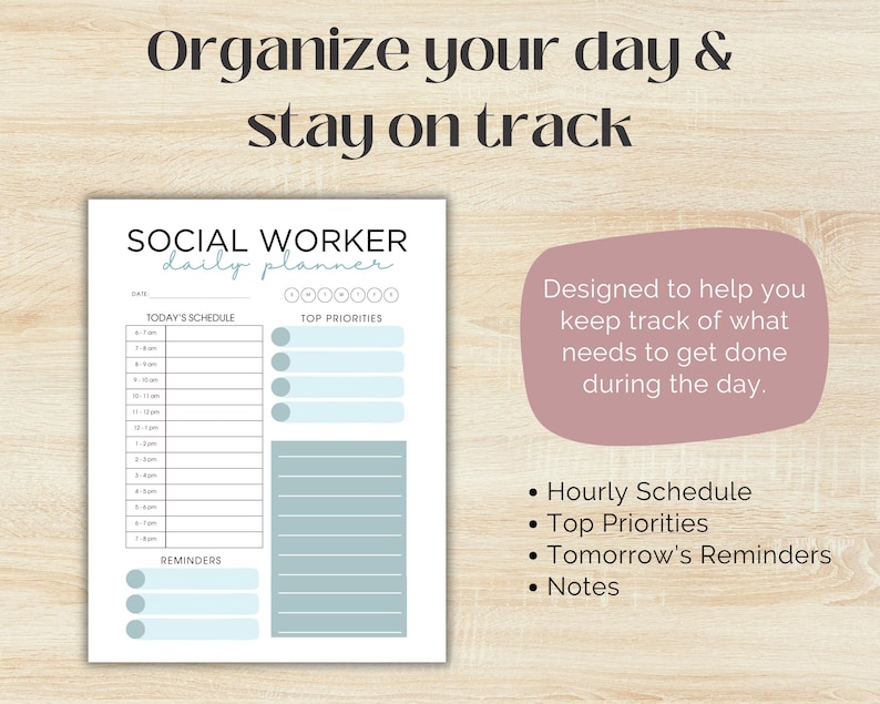 Social Worker Daily Planner Insert, Daily Planner Printable, Blue ...