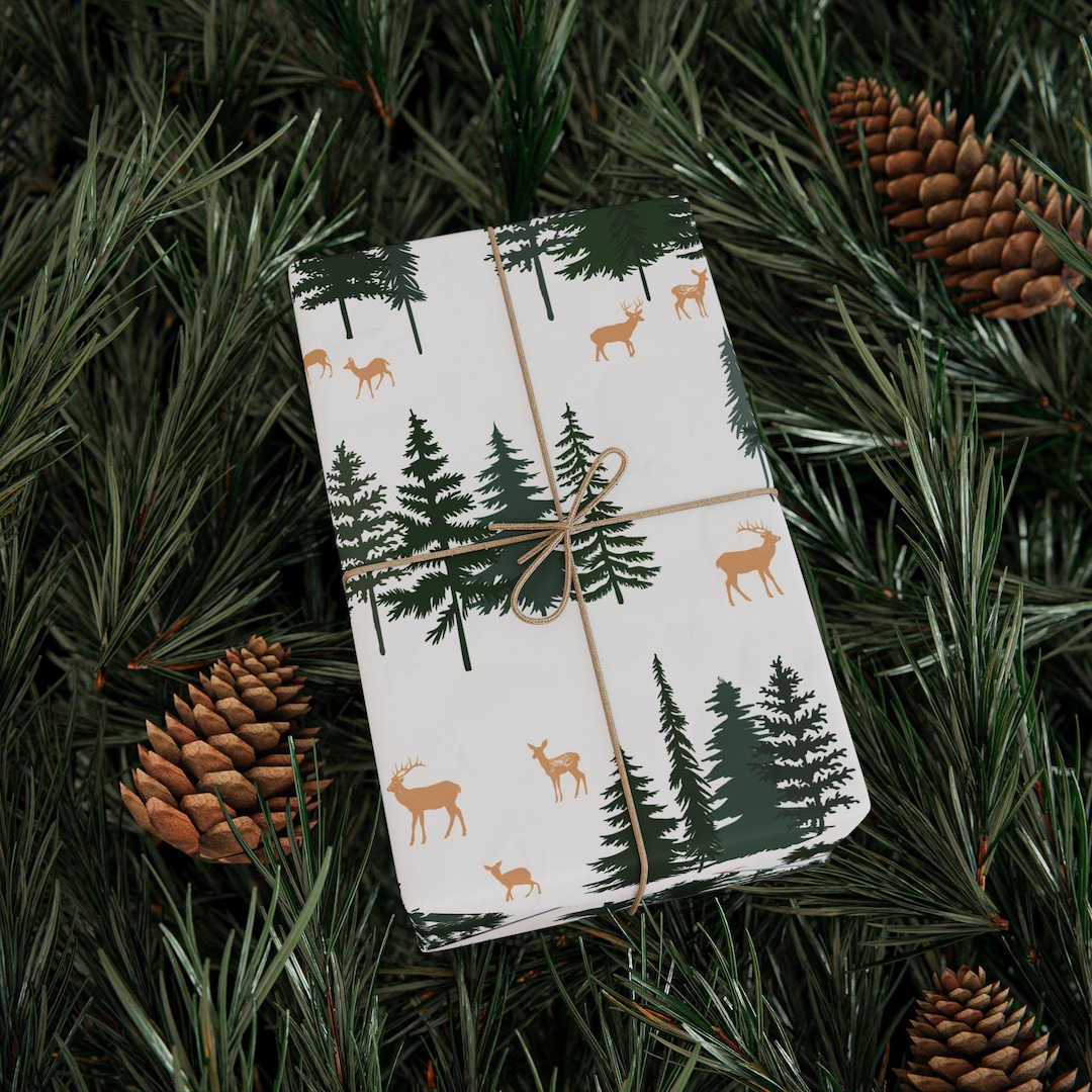 Rustic Wrapping Paper With Pine Trees and Reindeer, Christmas Gift Wrap ...