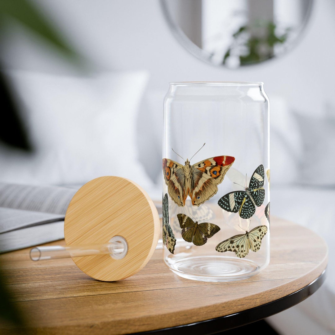 Iced Coffee Cup With Butterflies, Glass Tumbler With Straw, Gift Under ...