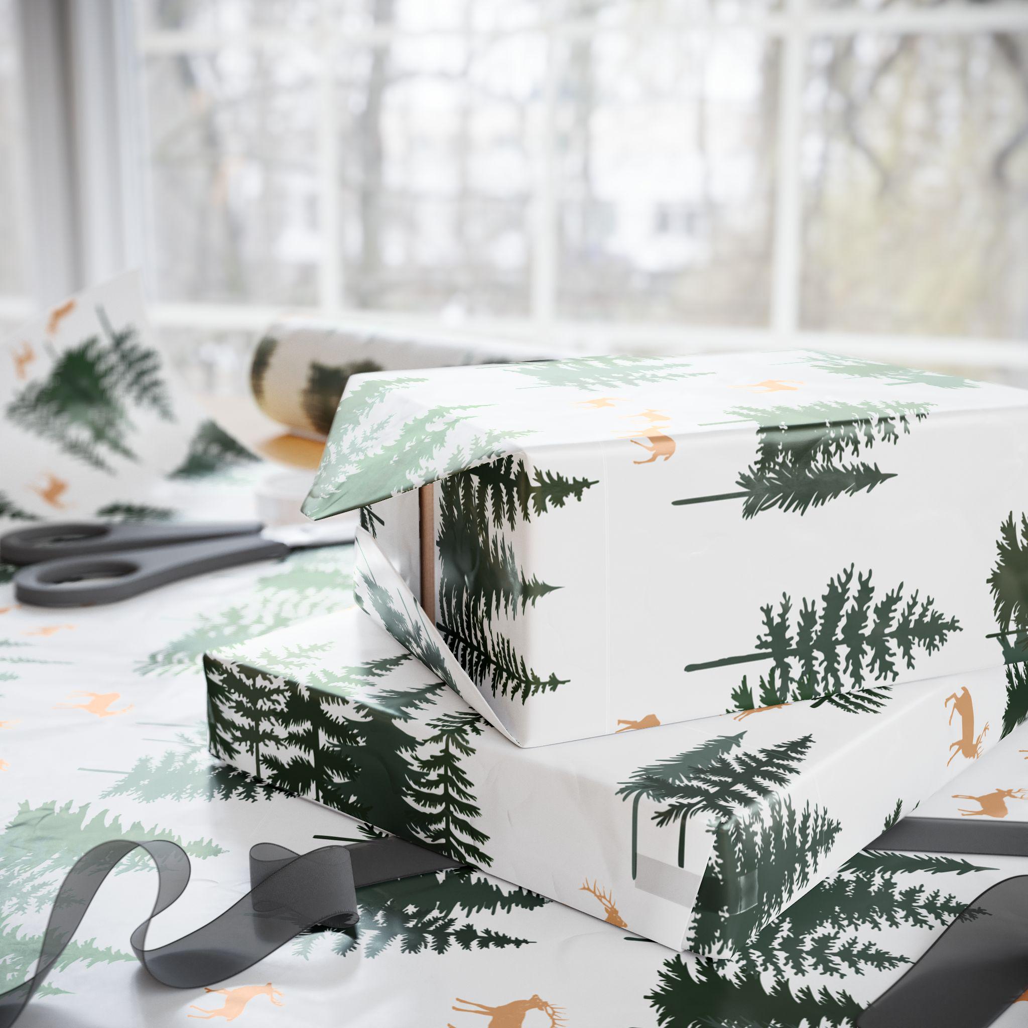 Rustic Wrapping Paper With Pine Trees and Reindeer, Christmas Gift Wrap ...