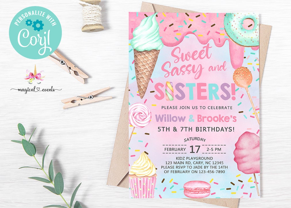Candy Siblings SWEET SISTERS Girl Birthday Invitation, Birthday Invite ...