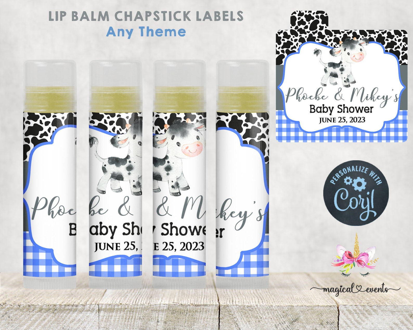 Lip Balm / Chapstick Favor Labels, Blue Plaids and Cow Baby Shower ...