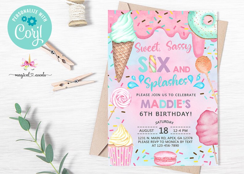SWEET SASSY SIX and Splashes Girl Birthday Invitation, Pool Invite ...
