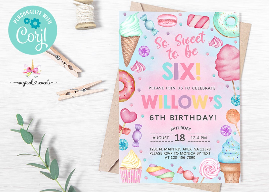 Candy so Sweet to Be Six Girl Birthday Invitation, Birthday Invite ...