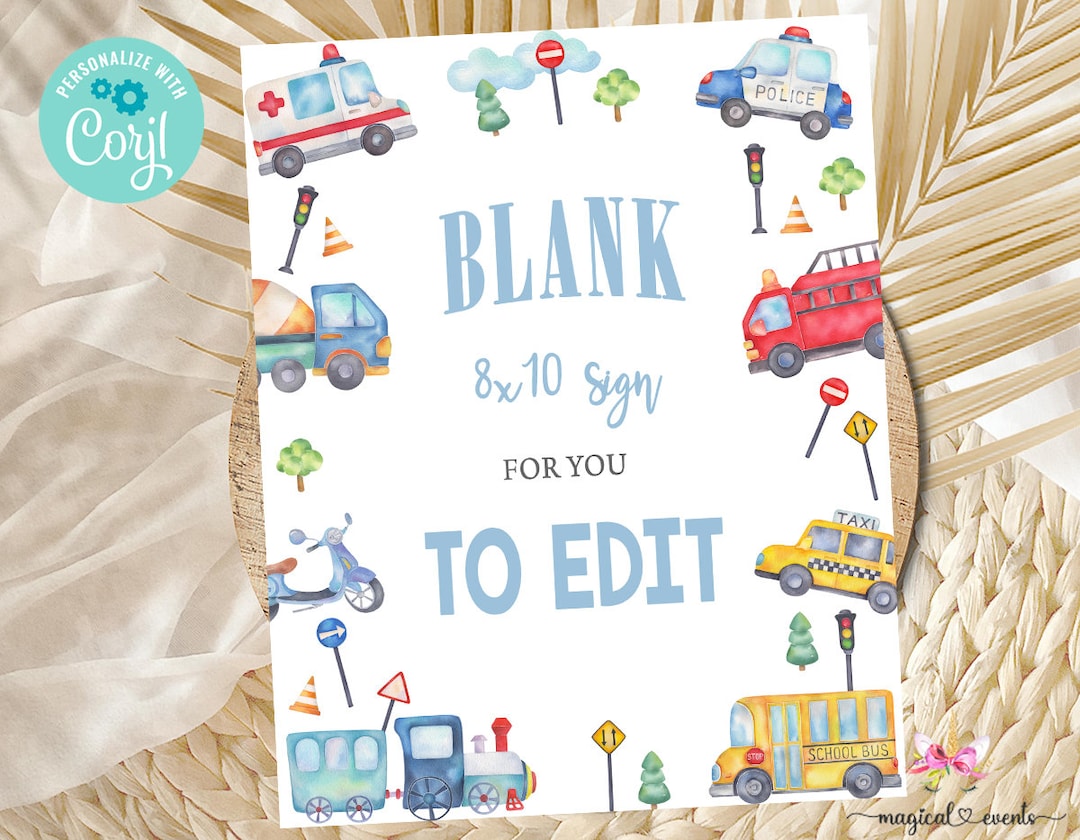 Transportation Baby Shower 8x10 Blank Sign, Boy Baby Shower Sign, Cars ...