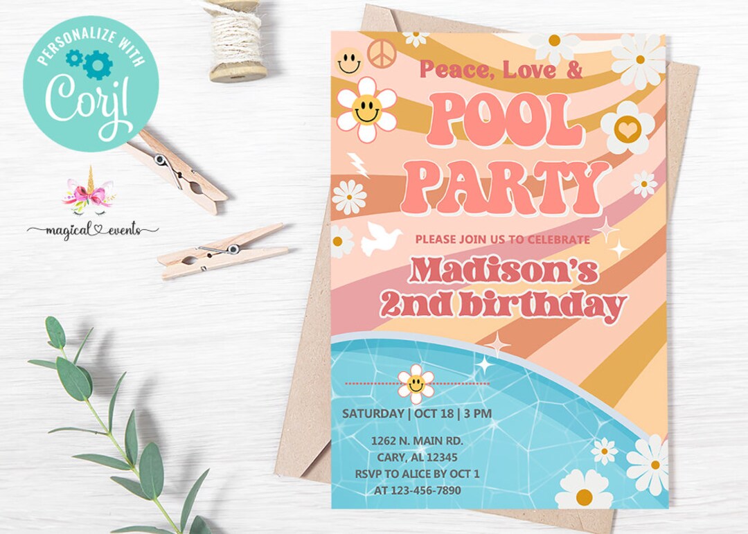 Groovy Pool Party Birthday Invitation, 70's Retro Hippie Daisies, Girl ...