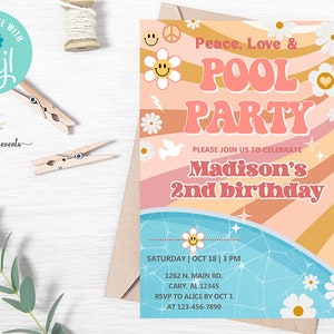 Groovy Pool Party Birthday Invitation, 70's Retro Hippie Daisies, Girl ...