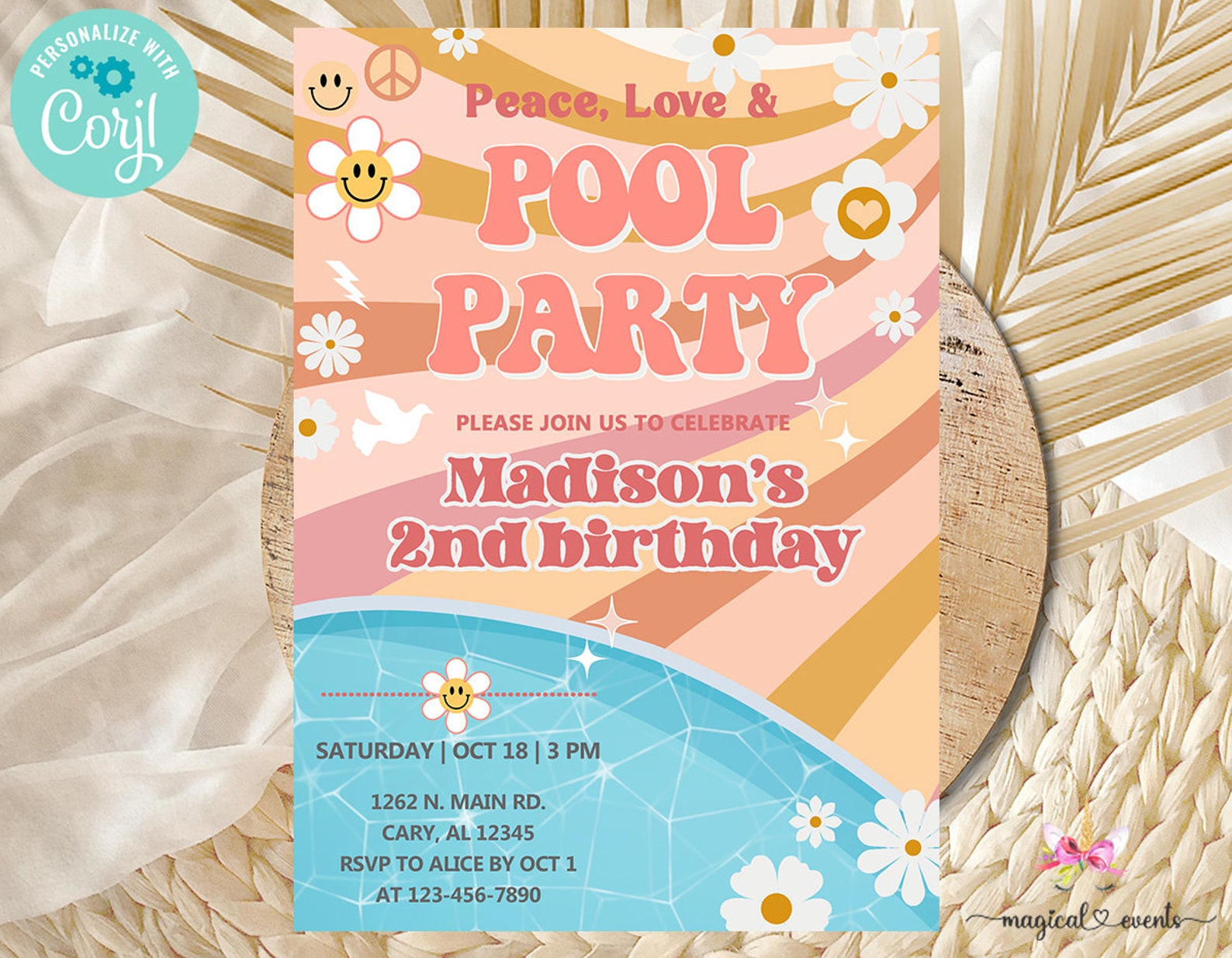 Groovy Pool Party Birthday Invitation, 70's Retro Hippie Daisies, Girl ...
