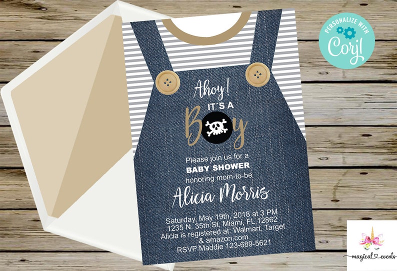 Denim Overalls Pirate Baby Shower Invitation, Boy Baby Shower Invite ...