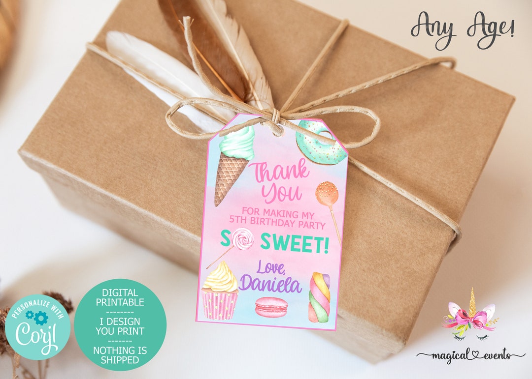 SWEET ONE Thank You Tags, Girl Birthday Favors, Pastel Candy Sweets ...