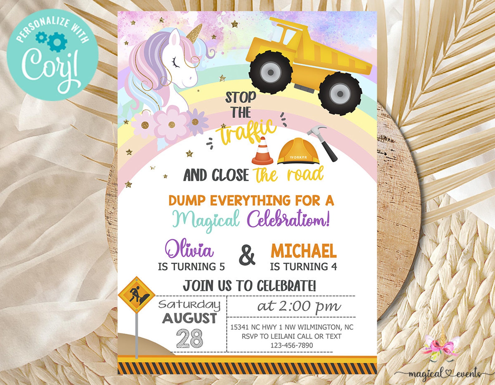 Siblings Construction Dump Truck Unicorn Birthday Invitation - Etsy