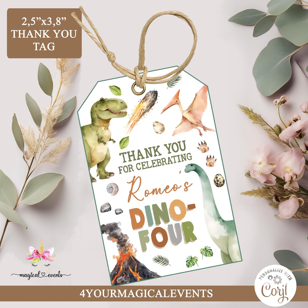 Boy Dinosaurs Thank You Tag, 4th Birthday Favors Favor, Dinos Thank You ...