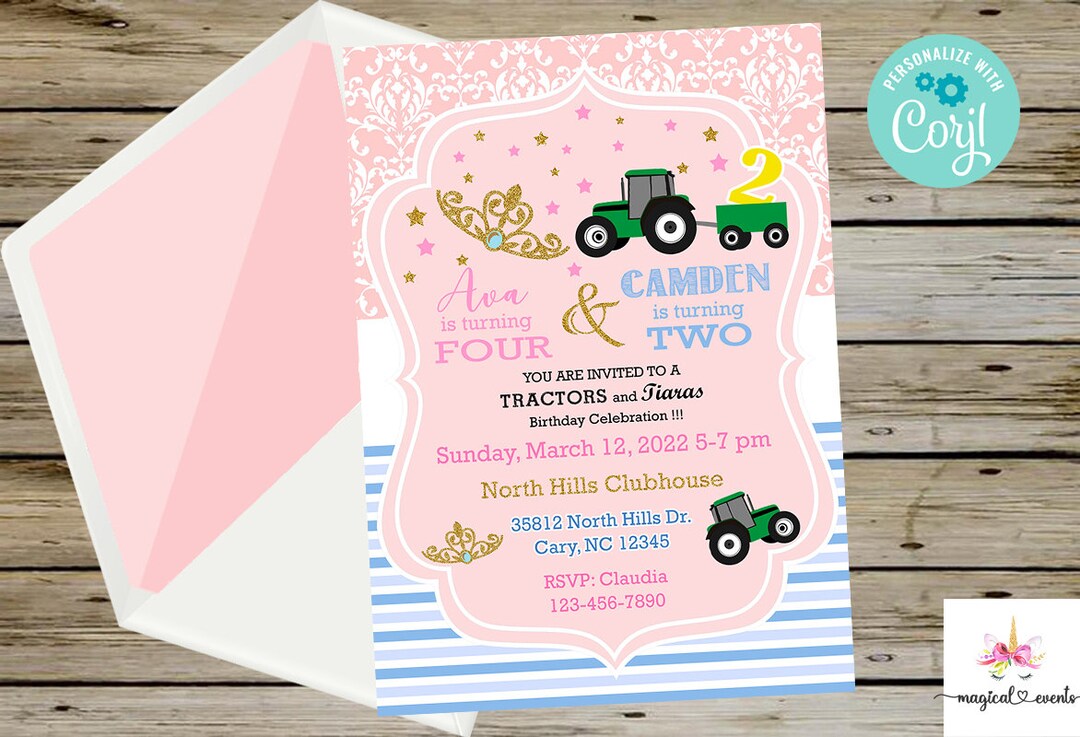 Invitación de cumpleaños para hermanos, tractores y tiaras, niño y niña ...