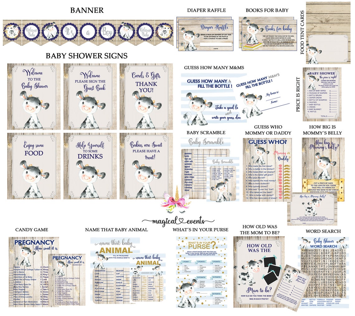 Cow Baby Shower Games Signs and Cards Bundle, Boy Cow Games Signs and ...