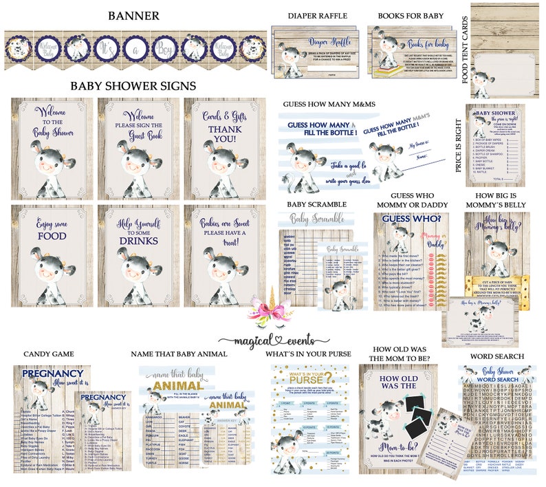 Cow Baby Shower Games Signs and Cards Bundle, Boy Cow Games Signs and ...