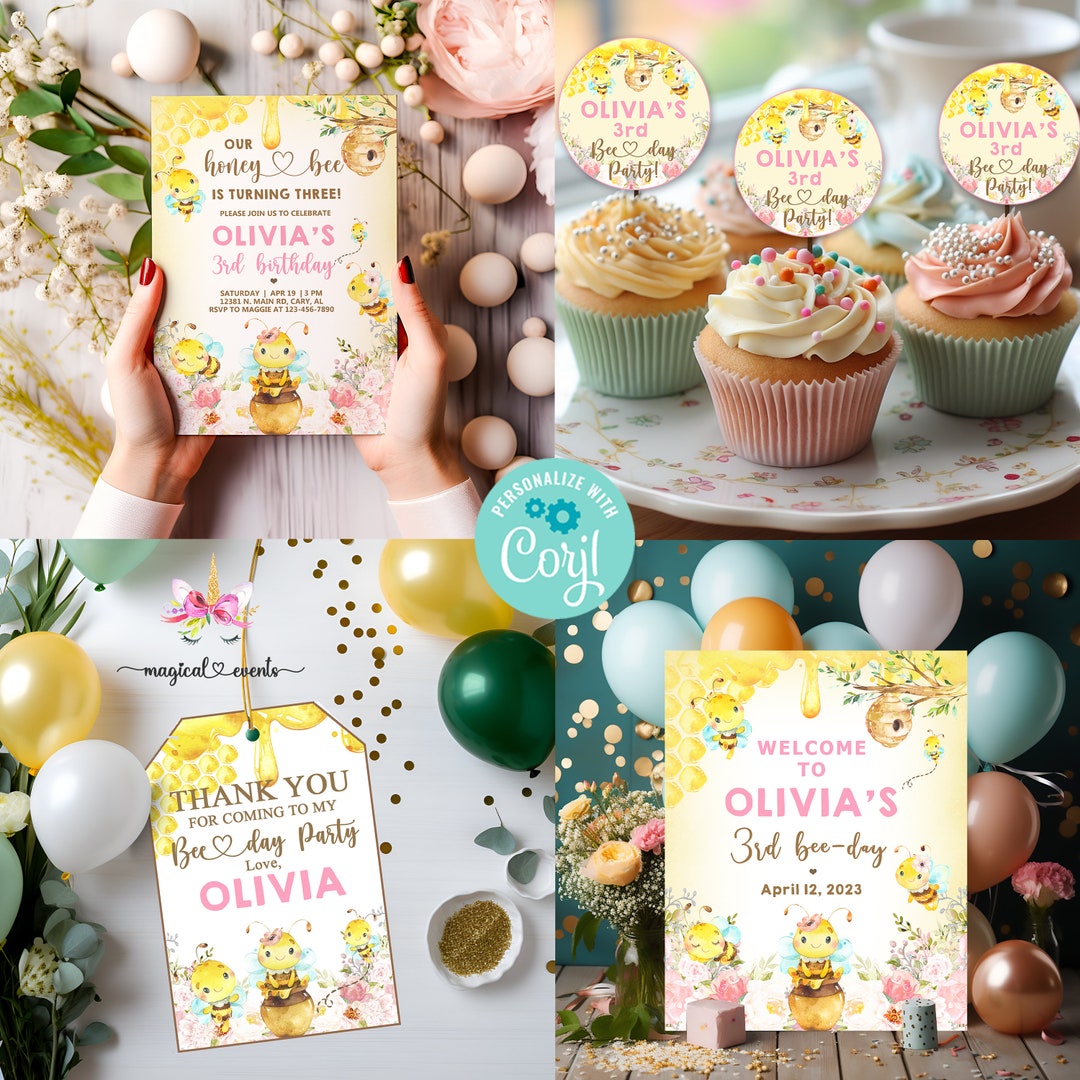 Bee Bumblebee Girl Birthday Bundle Any Age, Invitation Invite Cupcake ...