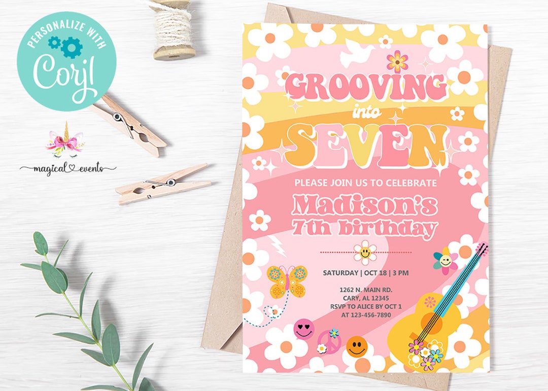GROOVY Grooving Into Seven Girl 7th Birthday Invitation, Pink Orange ...