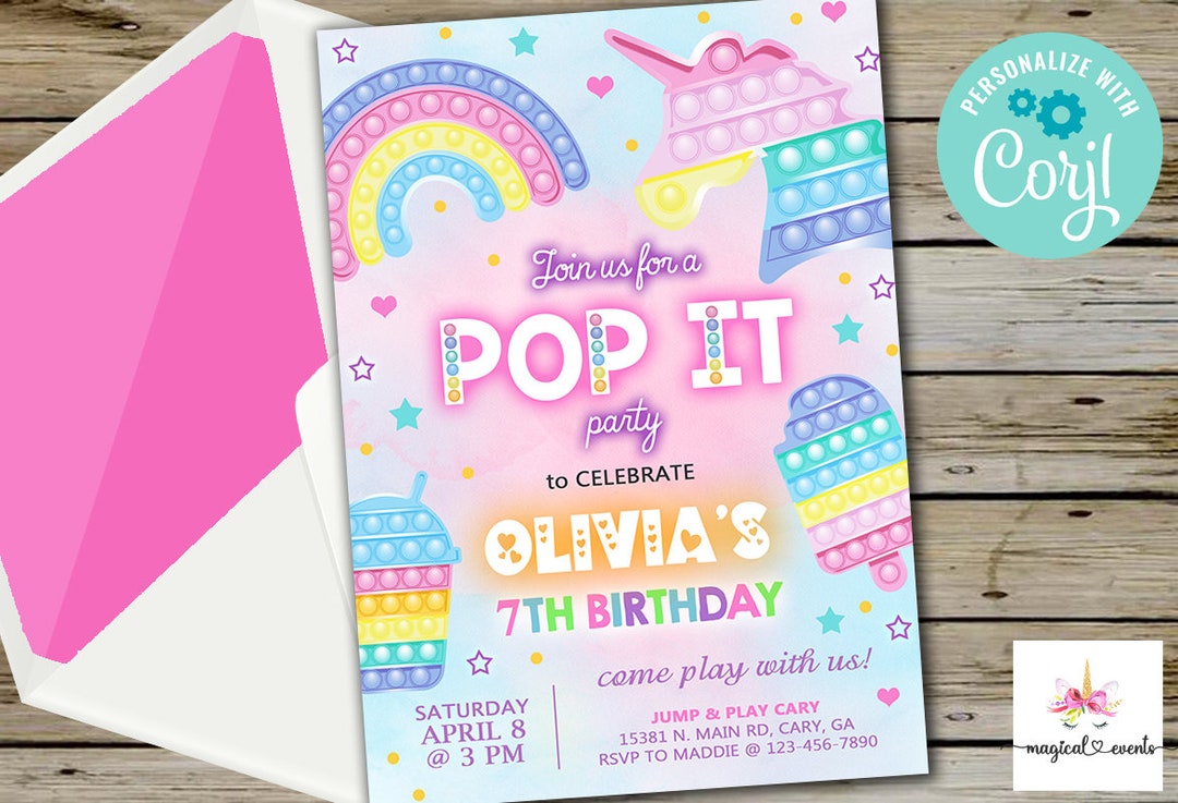 Popit Girl 7th Birthday Invitation, Any Age Birthday Invite, Digital ...