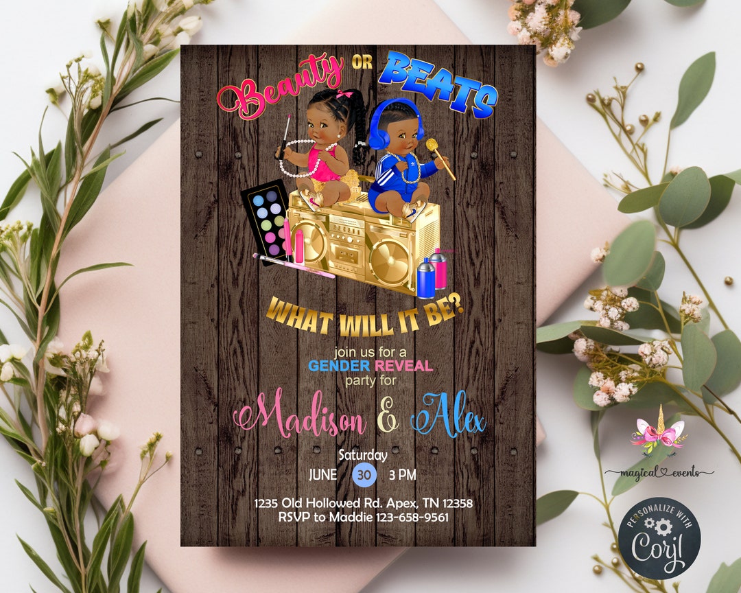 Beauty or Beats Gender Reveal Invitation, Gender Reveal Invite, Makeup ...
