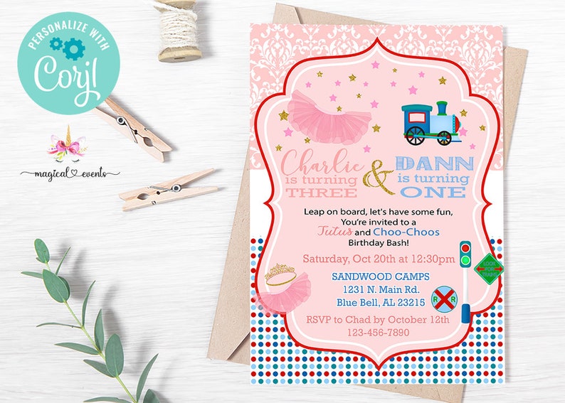 Siblings Tutus and Trains Birthday Invitation, Combined Boy Girl ...