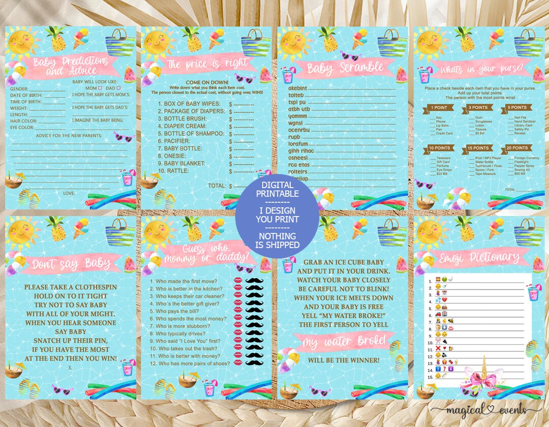 Pool Baby Shower Games Bundle, Pool Side Baby Shower Games Package ...
